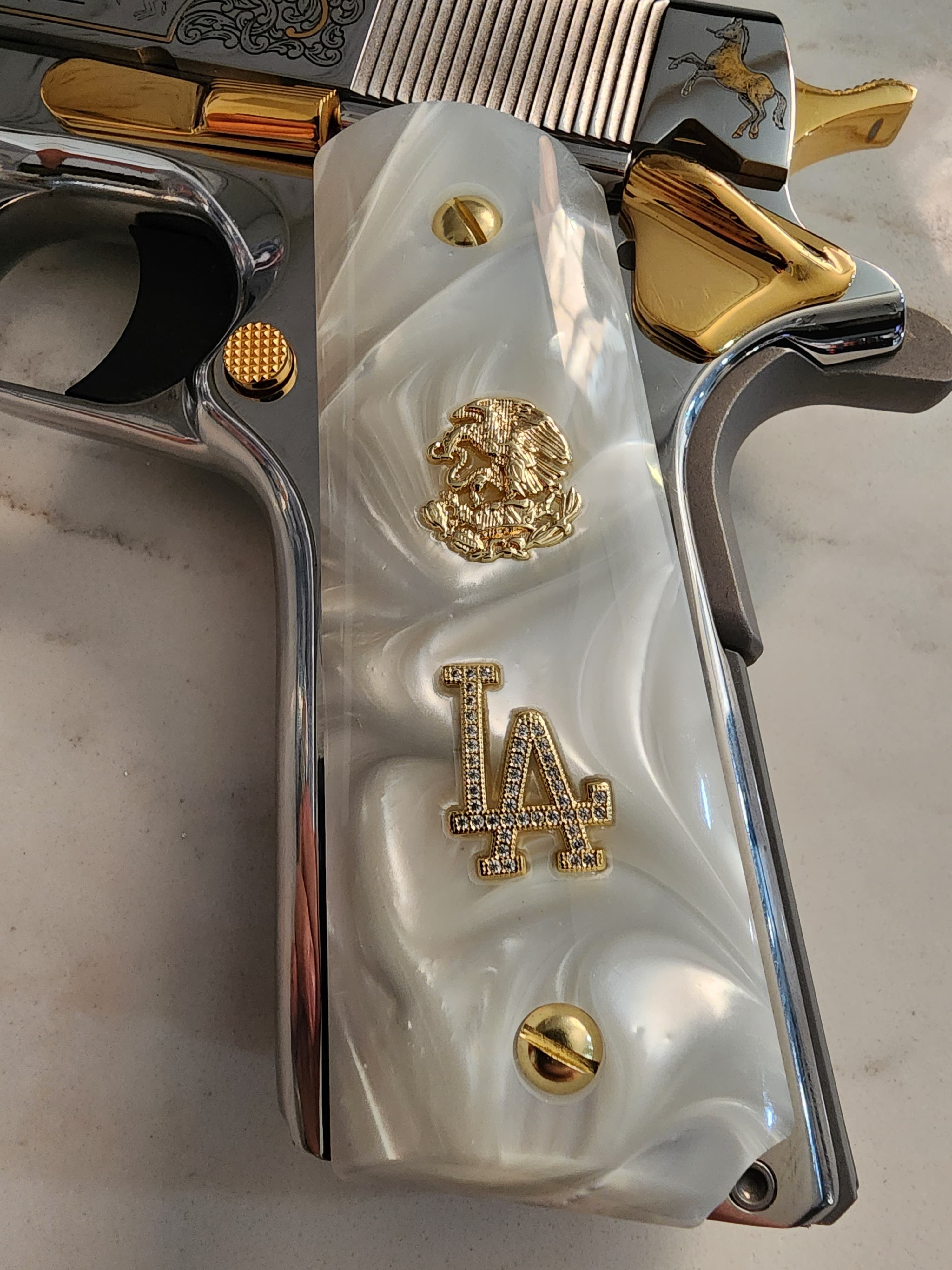 1911 Grips White Pearl with LA Emblem & Mexican Eagle (24k Gold Screws ...