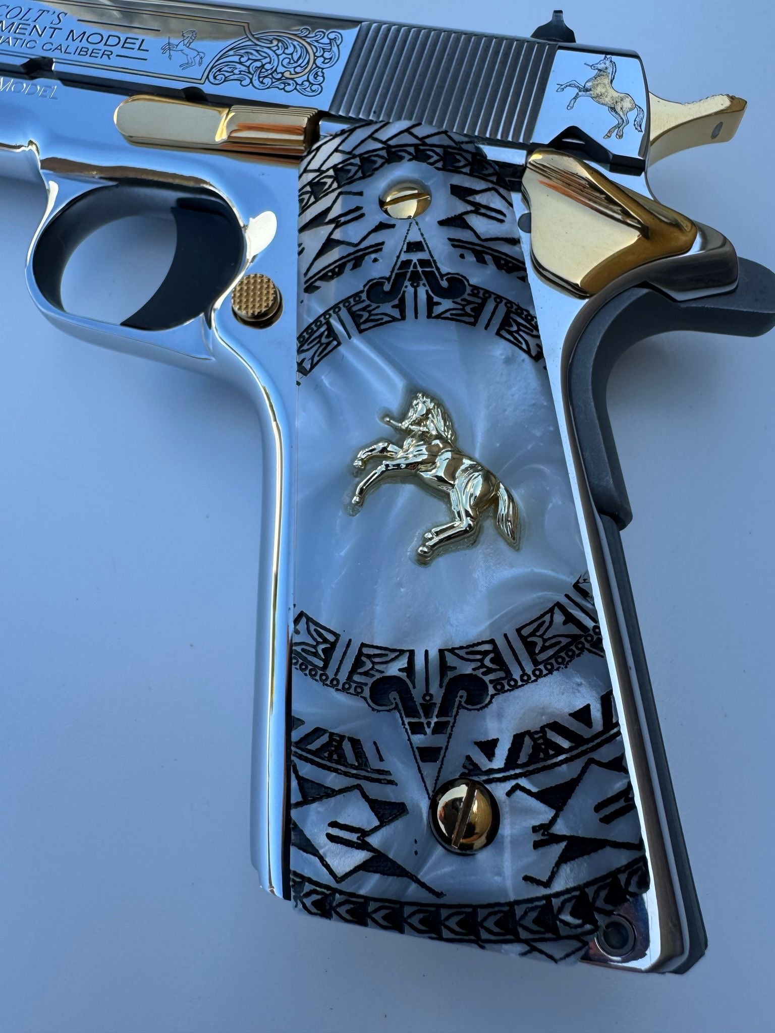 1911 Colt Gold-Plated Horse Grips – Pearl with Aztec Motif Engraving ...