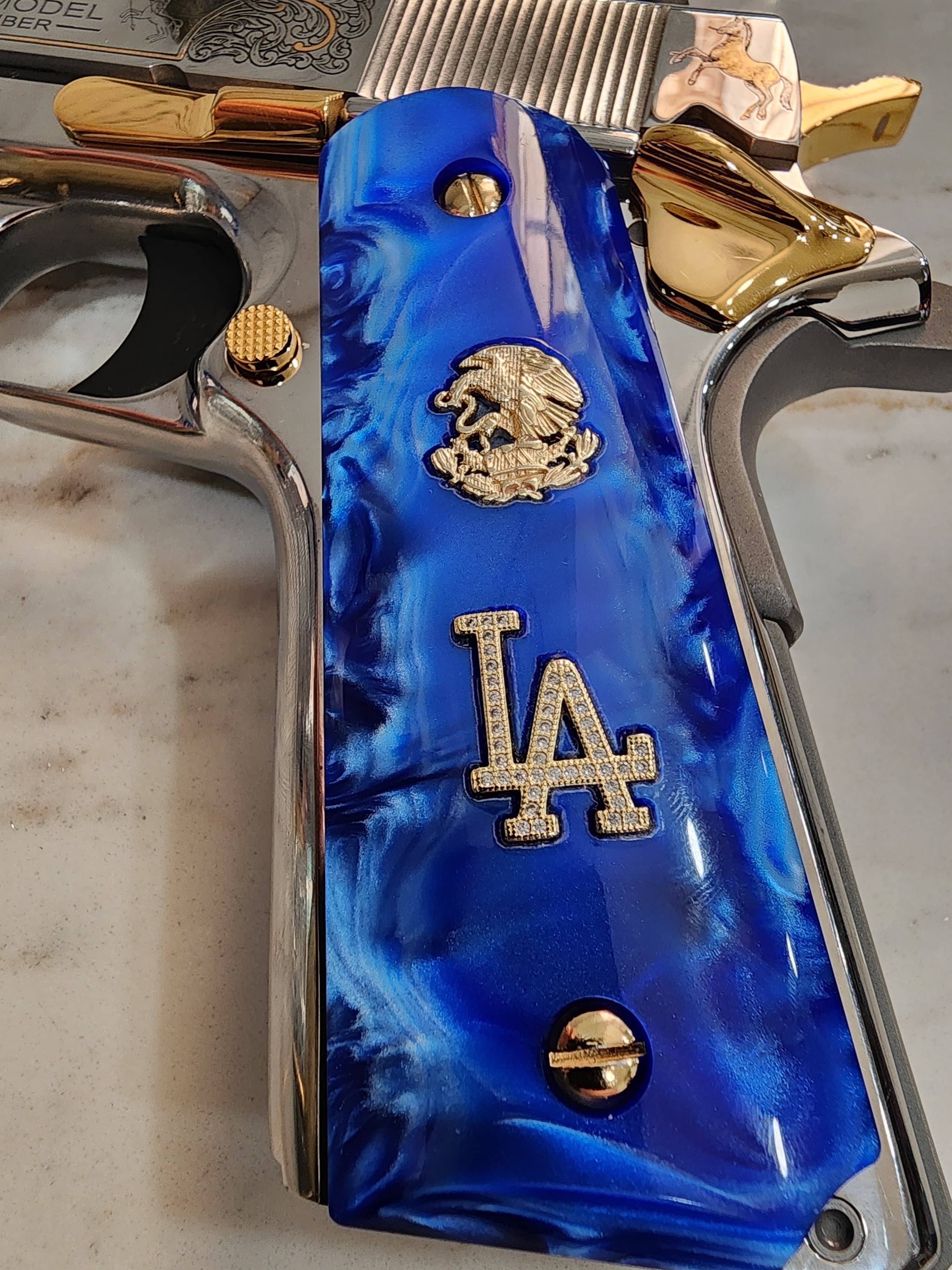 1911 Grips Royal Swirl Blue Pearl with LA Emblem & Mexican Eagle (24k ...