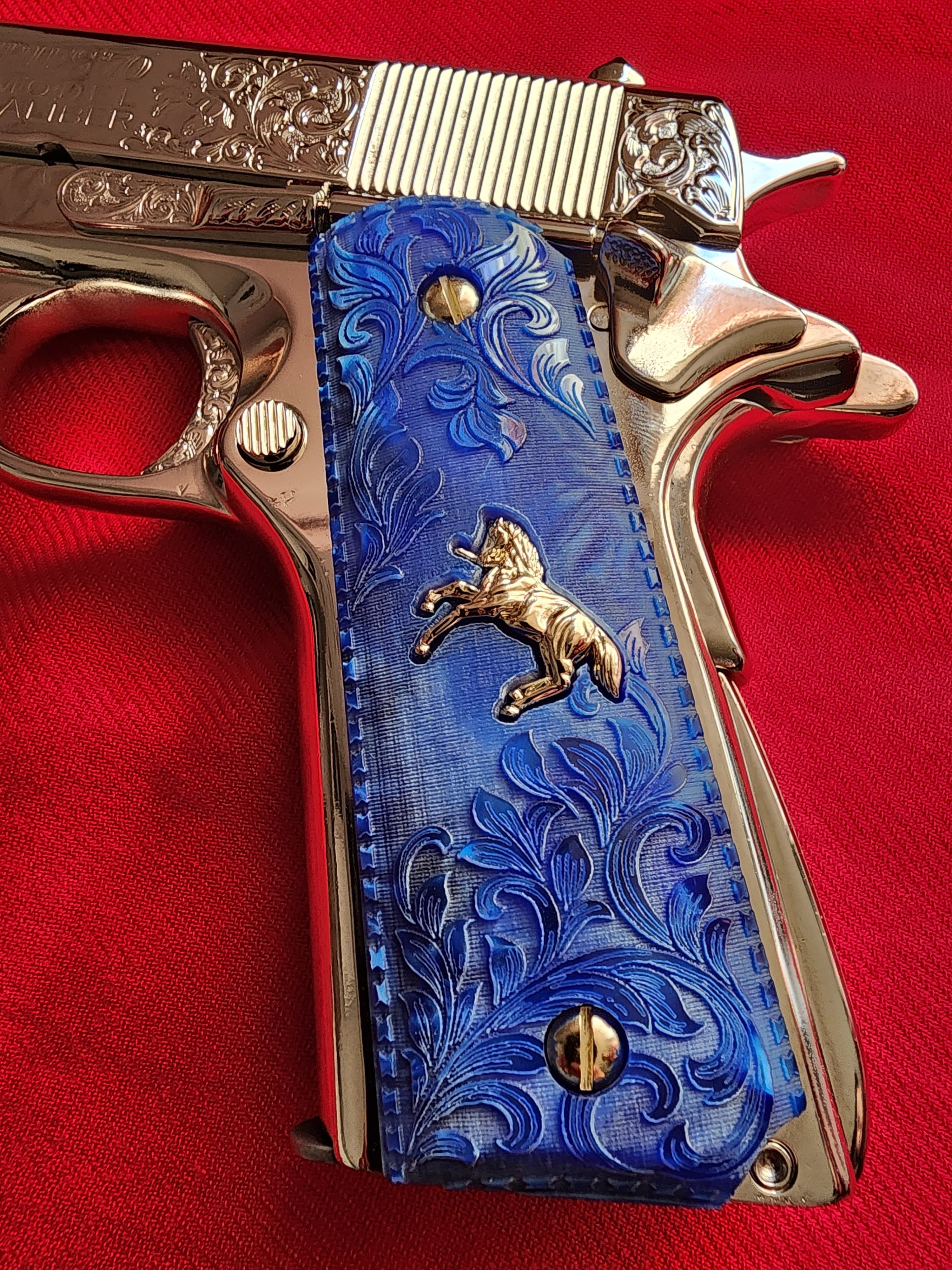 1911 Grips Engraved Royal Swirl Blue Pearl with Rampart Horse Emblem ...